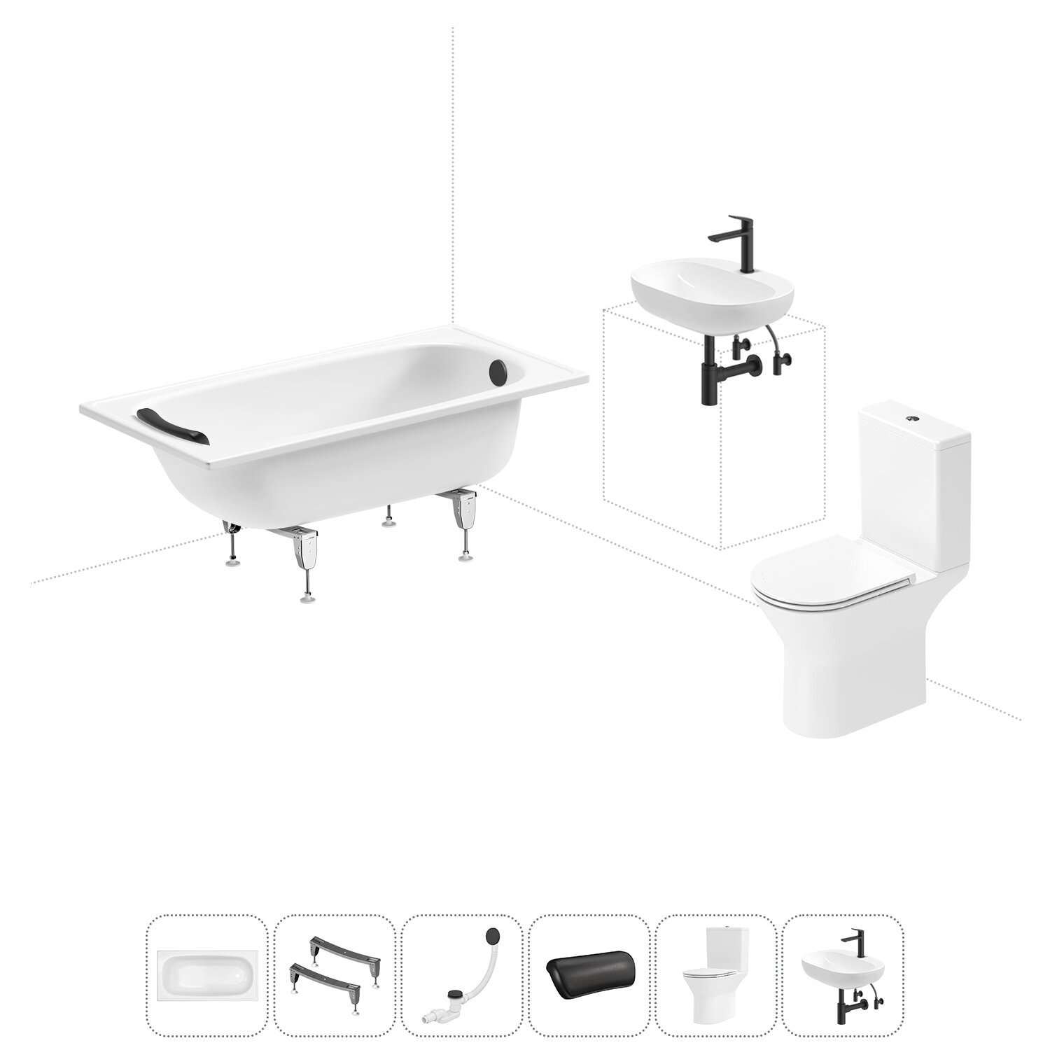 Стальная ванна 130х70 Sanitana BLB Europa 20220603R в наборе 6 в 1: металлическая ванна 130 х 70 см, ножки, слив-перелив, подголовник, унитаз, раковина с комплектом для подключения