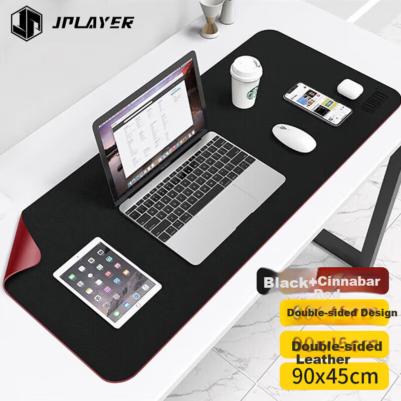 JPLAYER Dual-Sided Office Desk Pad Mouse Pad 90*45cm Notebook Computer Keyboard Pad Office Home Writing Desk Pad Waterproof Mat Reversible Dual Color Black + Vermilion Red