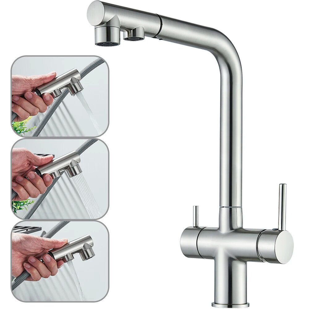 Кран для кухонной мойки с фильтром, вытяжной распылитель, 2 ручки, 3 в 1, фильтр для воды, очиститель, двойной распылитель, водопроводный кран, Brushed Nickel