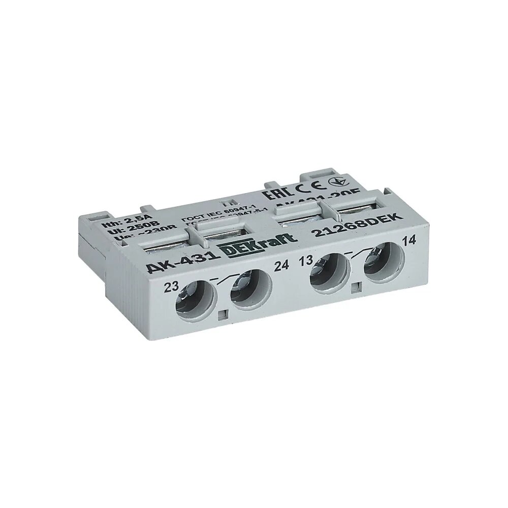 Дополнительный контакт DEKraft ДК431-20F, 2НО, 2,5 А, фронтальный 21268DEK, модульный тип, защита