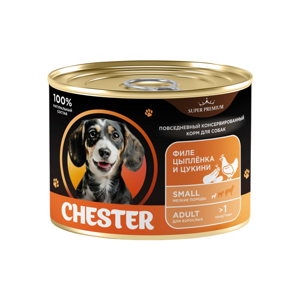 Chester Premium влажный корм для взрослых собак мелких пород с филе цыпленка и цукини, в консервах - 240 г х 12 шт