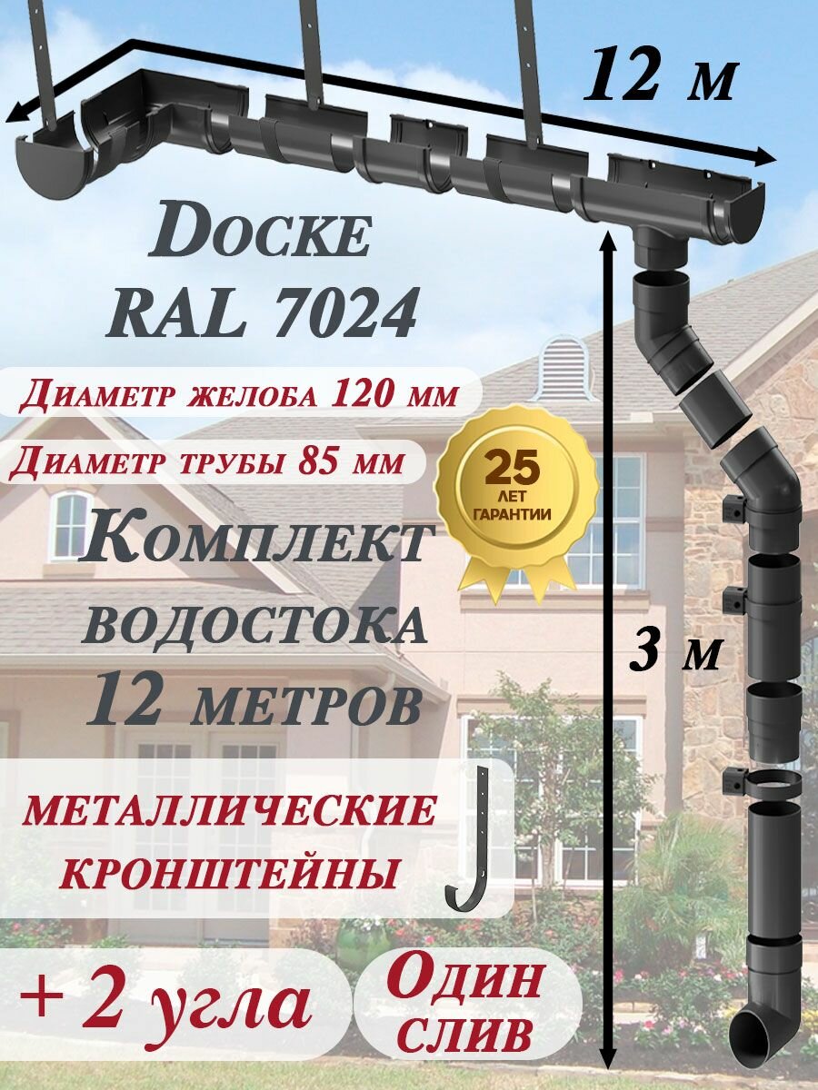 Угловой/прямой комплект водосточной системы Docke Premium 12 м карниза (один слив) 120мм/85мм серый для вальмовой кровли с 2 (внешним/внутренним) углами, водосток Деке (RAL 7024 графит) ПВХ