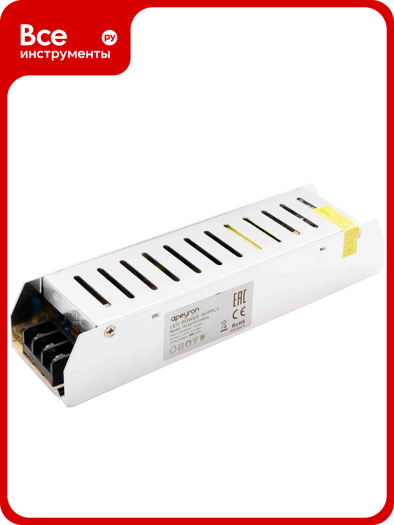 Блок, Apeyron, питания слим-металл Apeyron 12В, 100 Вт, IP20, 8,3 А, 185х40х32 мм 03-49, 185х40х32мм, алюминиевый