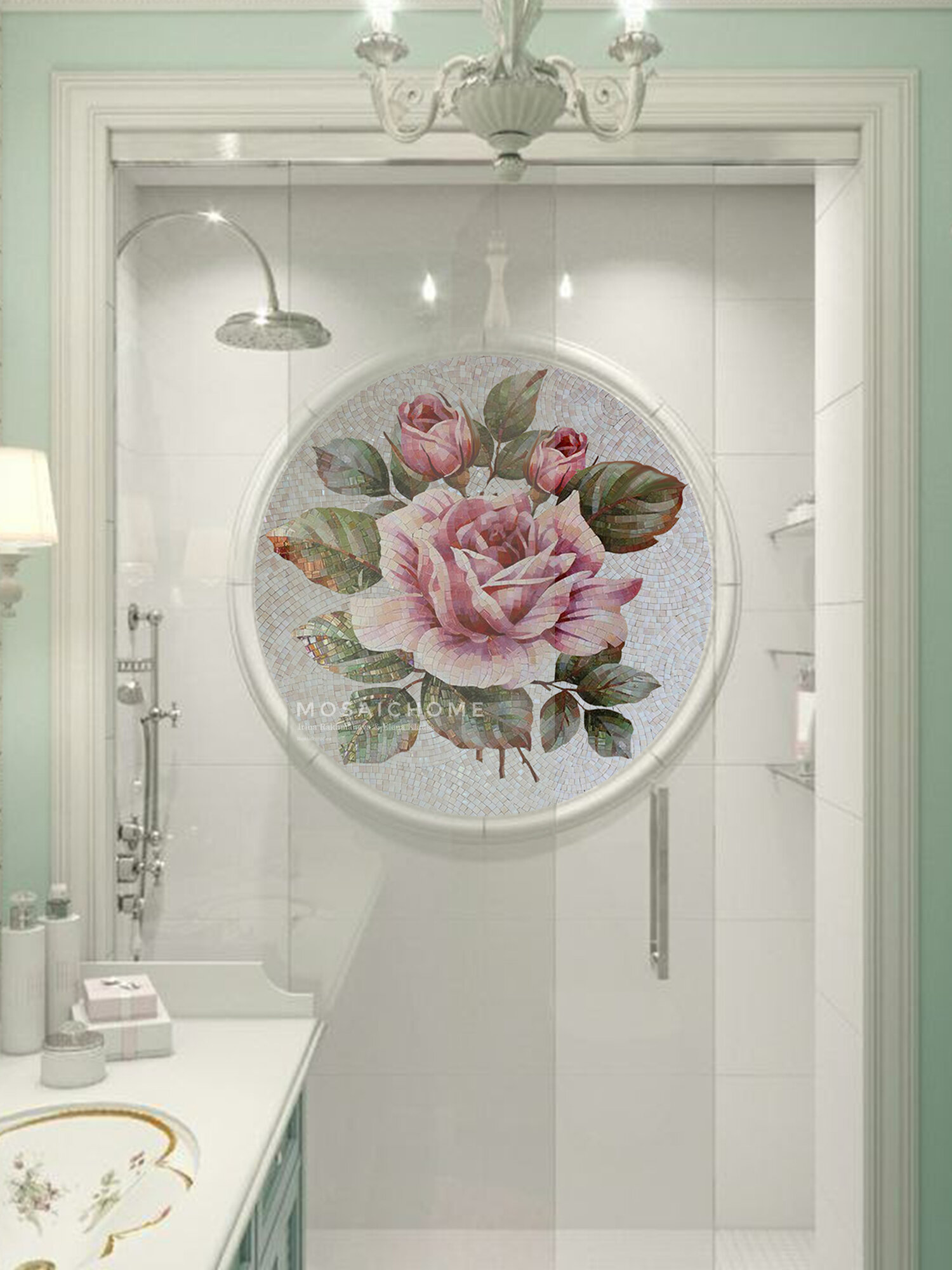 Панно из мозаики MosaicHome "Роза" Н100см х 100см для ванной, хамама. Художественное, мозаичное панно, ручная работа