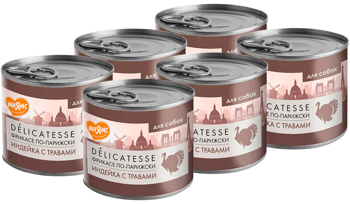 Влажный корм Мнямс Delicatesse Фрикасе По-Парижски для собак всех пород с индейкой и травами банка, 200 г 6 шт