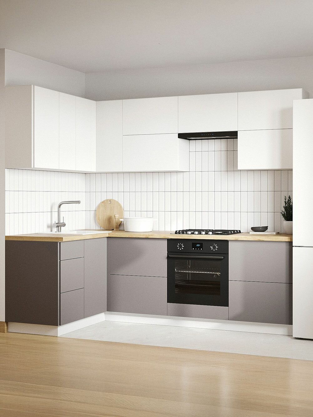 Кухонный гарнитур угловой Тандем 2.4х1.4 м, мебель для дома и кухни, Белый / Бланж / Грей