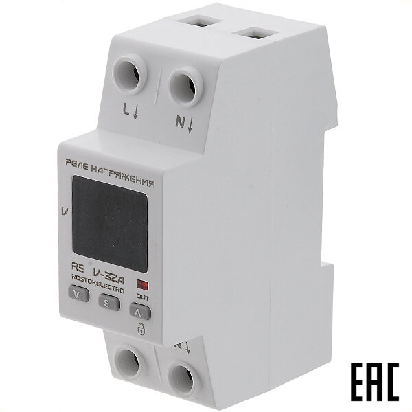 Реле напряжения RE V-32A 1ф 220В Umin120-200В/Umax210-270В 32А 1з (Росток-Электро)