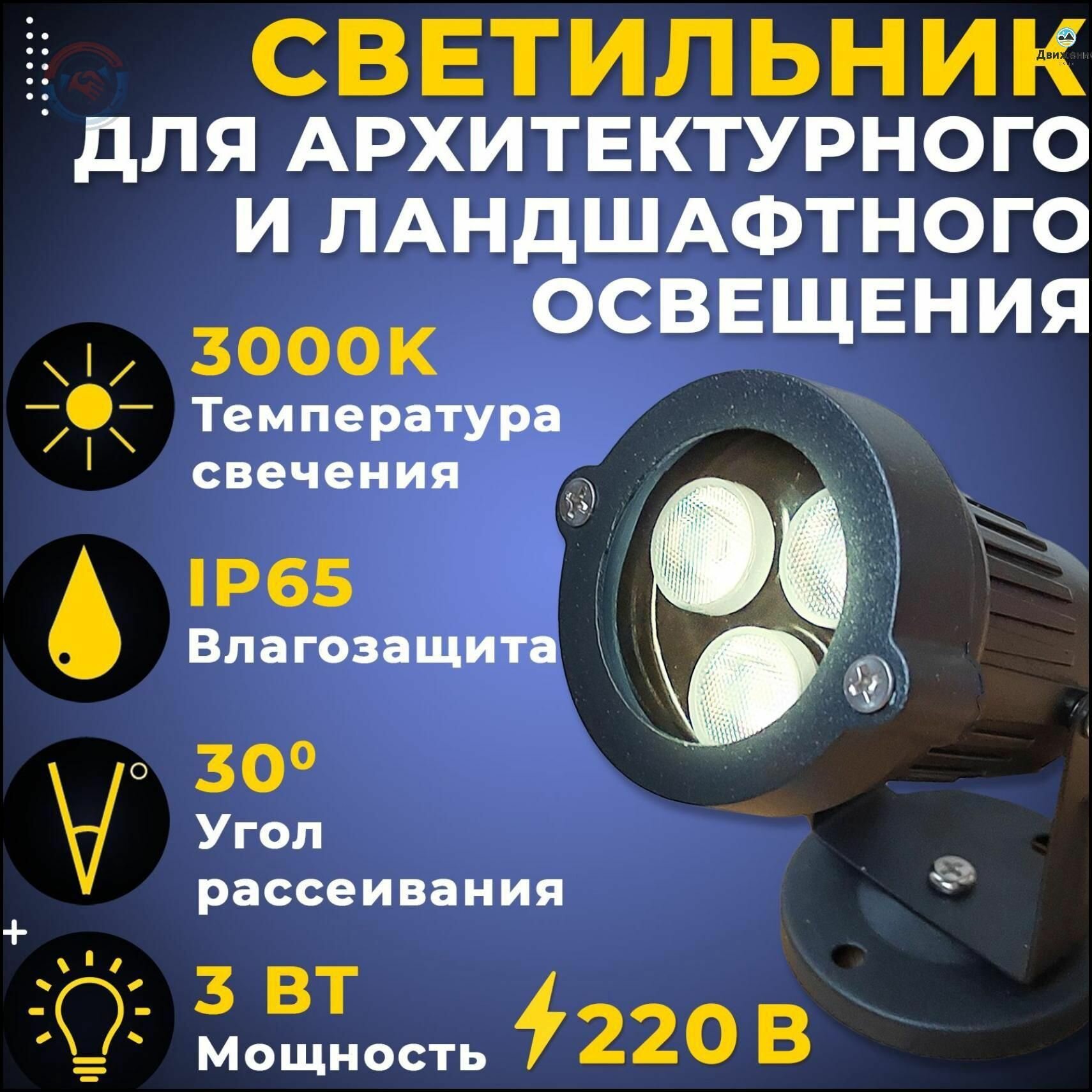 Уличный светодиодный прожектор 220В 3Вт 3000К IP65 угол 30° — подсветка фасада, сада, забора и ландшафтное освещение