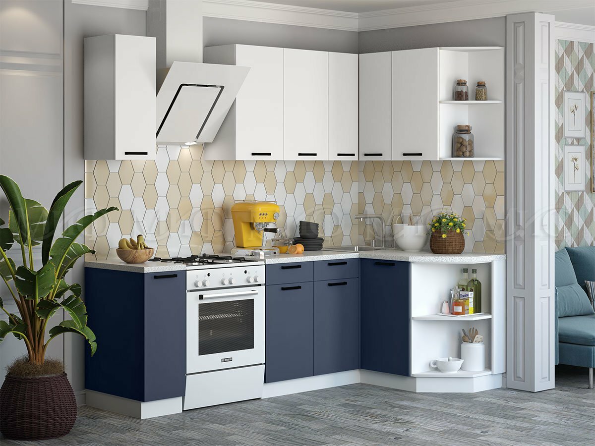 Кухня Миф Техно 1,7х1,3м (490) Компоновка №6 (Белый снег софт/Атлантик софт, Белый (Антарес) )