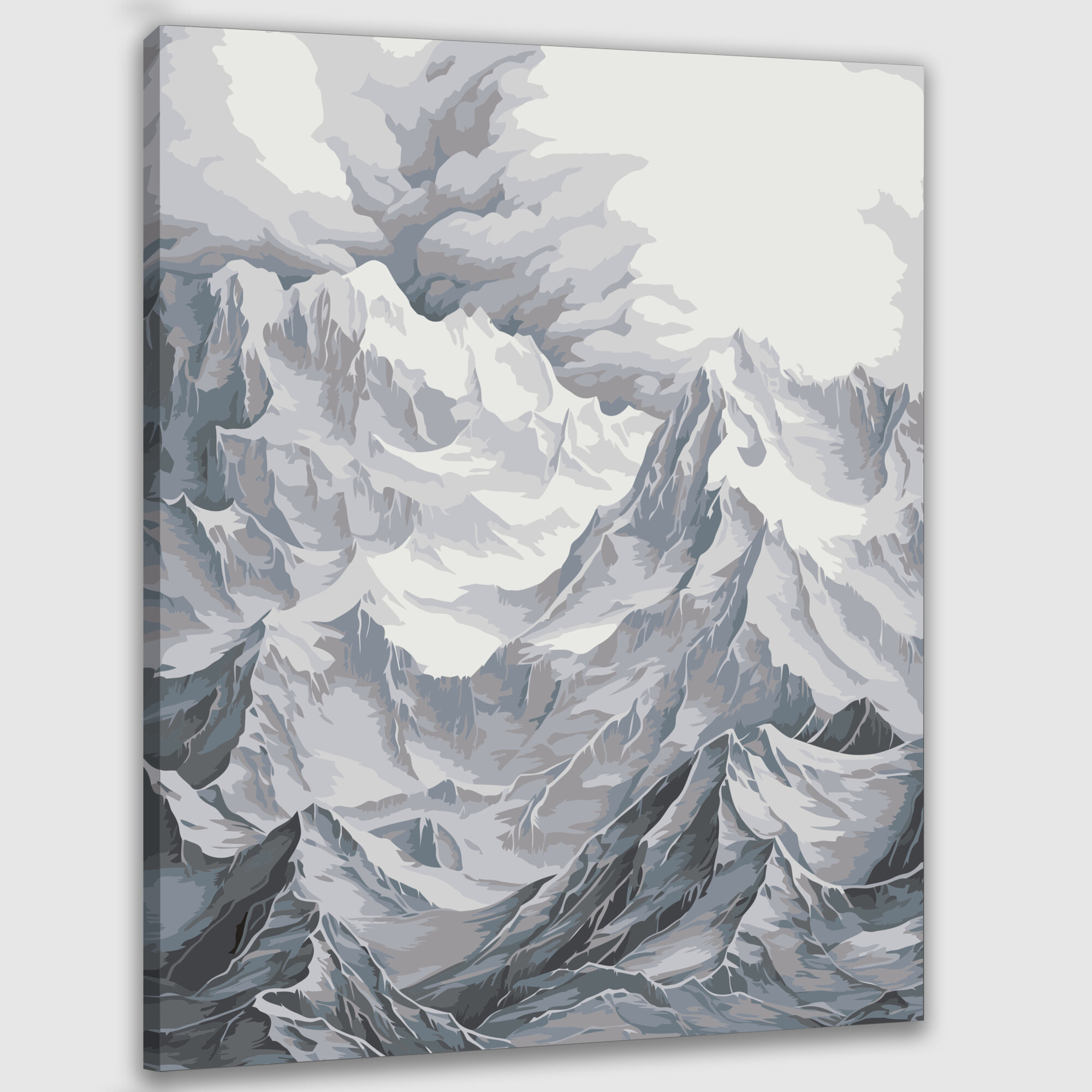 Картина по номерам 40x50 см, графитовый рисунок, горный хребет, заснеженные вершины, замысловатые линии, растушевка