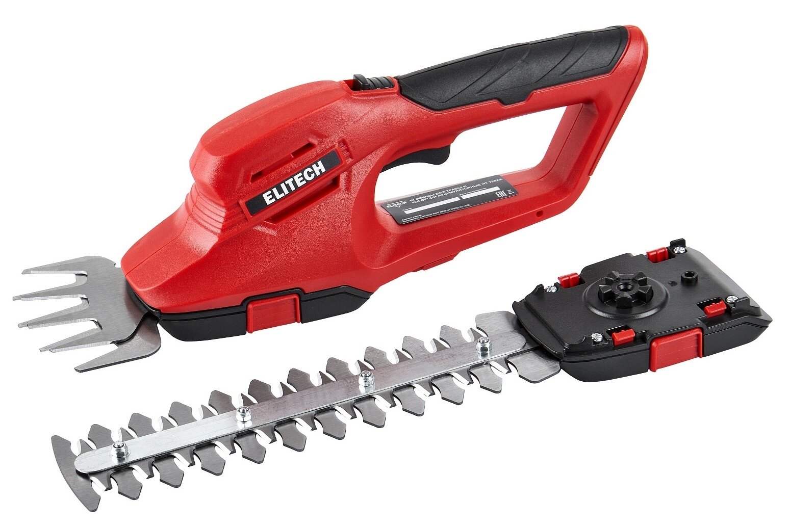 Кусторез аккумуляторный ELITECH ДМ / Элитек ДМ НТ 728АК, двусторонний, красный, Li-ion, 2Ач, диаметр реза 8мм, ширина скашивания 12см, 7.2В, 0.62кг / садовый инструмент