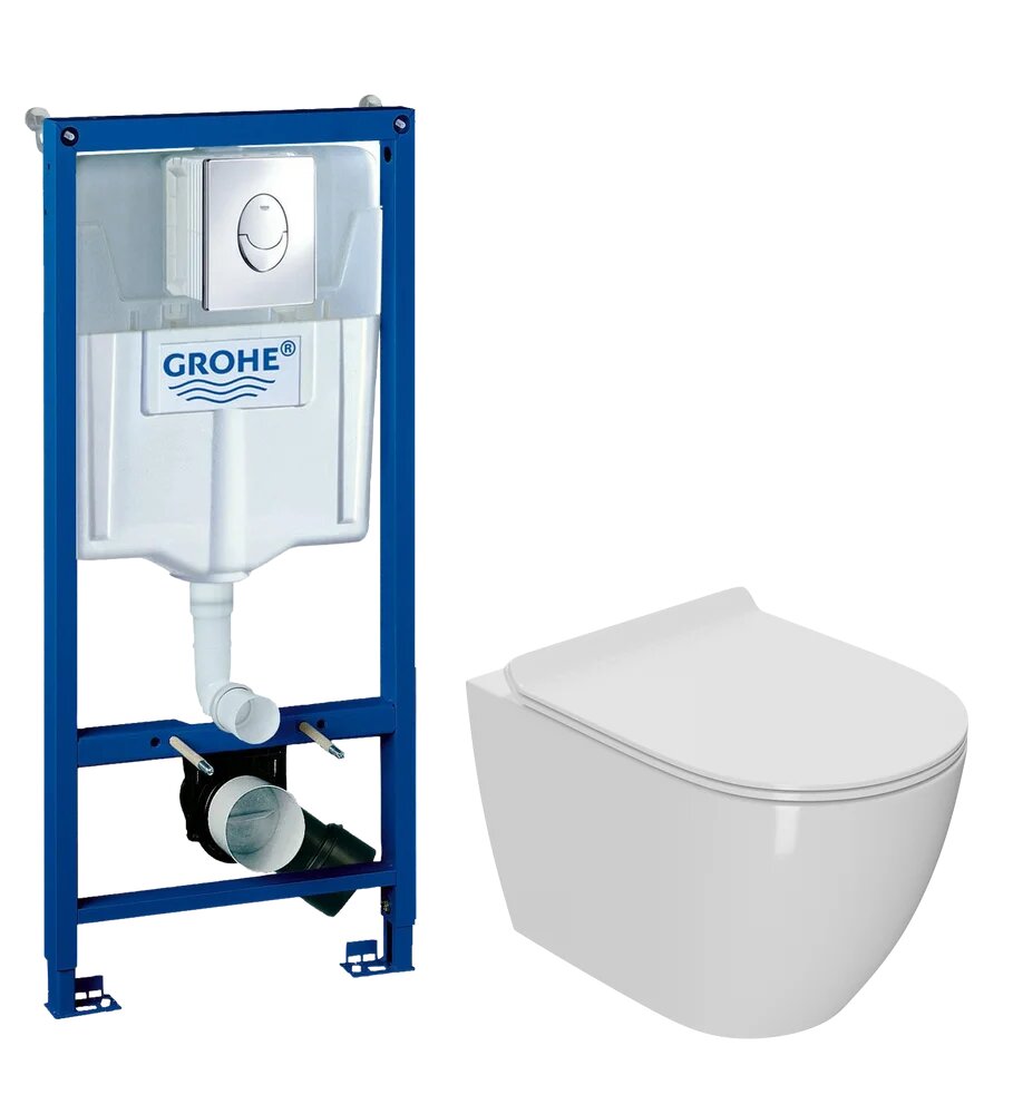Комплект 2 в 1 Унитаз подвесной Bauedge Bau Ceramics / Инсталляция с кнопкой Grohe Rapid SL 38721001 цвет хром