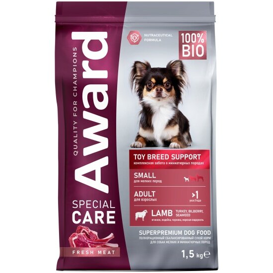 Корм сухой Award SPECIAL CARE Toy Breed Support для взрослых собак мелких и миниатюрных пород со свежим мясом ягненка 1,5 кг