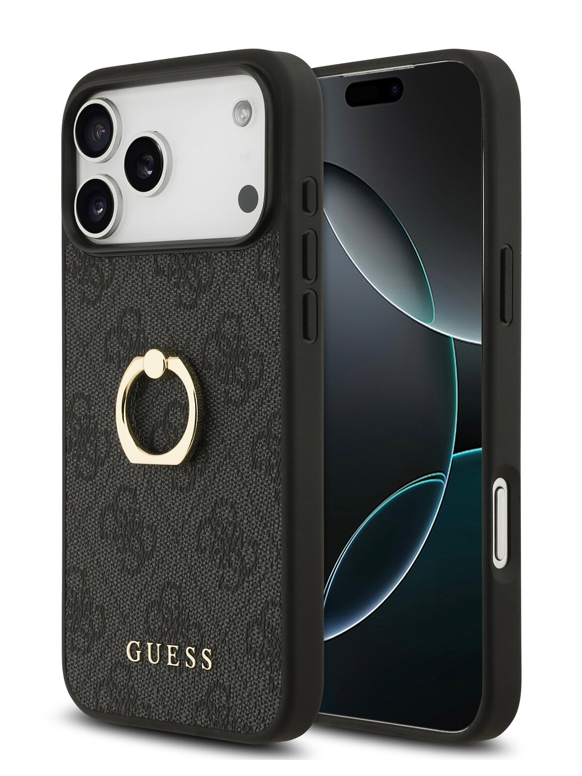 Guess чехол с кольцом-держателем для iPhone 17 Pro Max, PU кожа с принтом 4G, черный