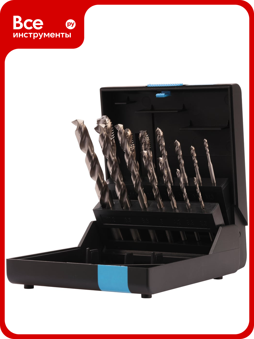 Набор метчиков машинных спиральных VOLKEL M3-M12 HSSE DIN371/376 (+ сверла) 14пр V47847, создания внутренней резьбы