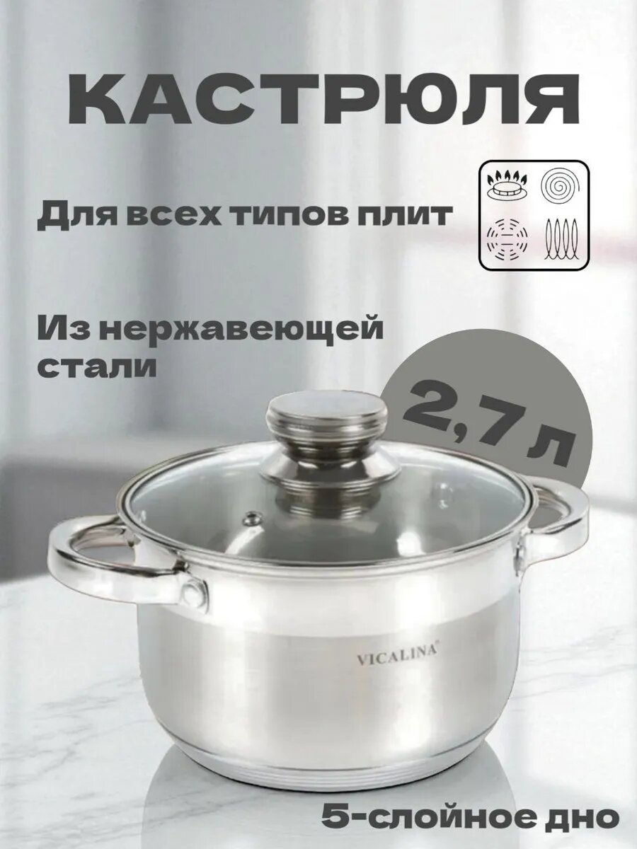 Кастрюля 3 литра из нержавеющей стали Индукция универсальная