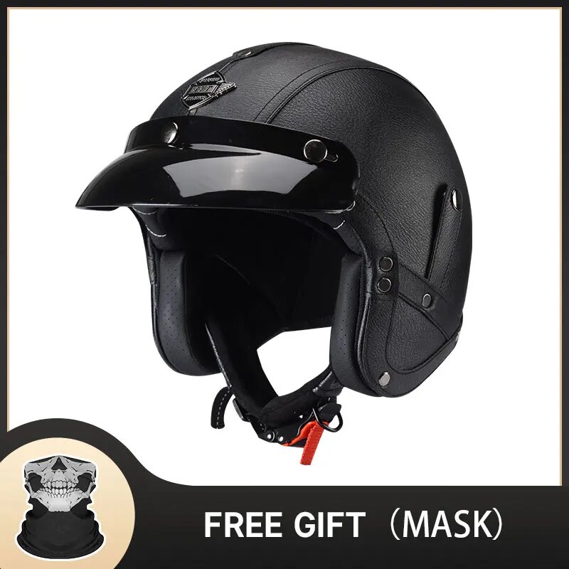 Немецкий классический мотоциклетный шлем в стиле ретро, шлем с открытым лицом, кожаные шлемы для скутера 3/4, велосипедный шлем с измельчителем, Black, XXL, Унисекс