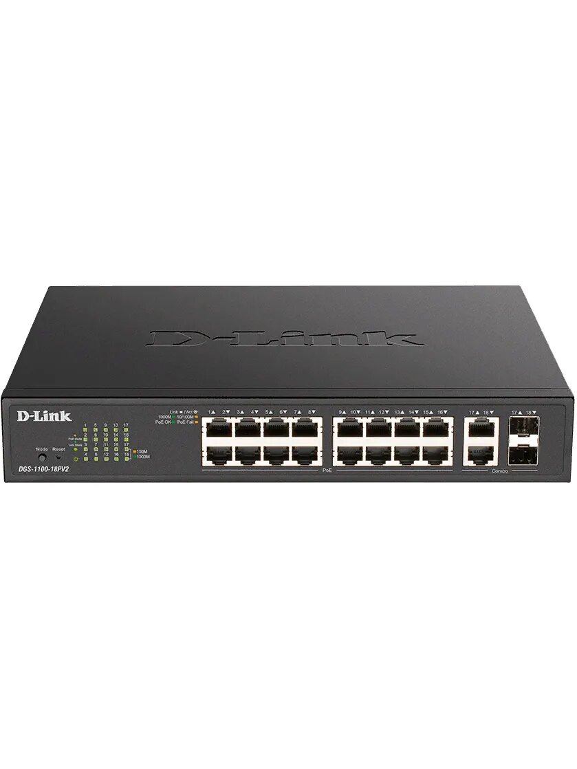 Коммутатор D-Link DGS-1100-18PV2, PoE, 16 портов, 2xCombo, L2