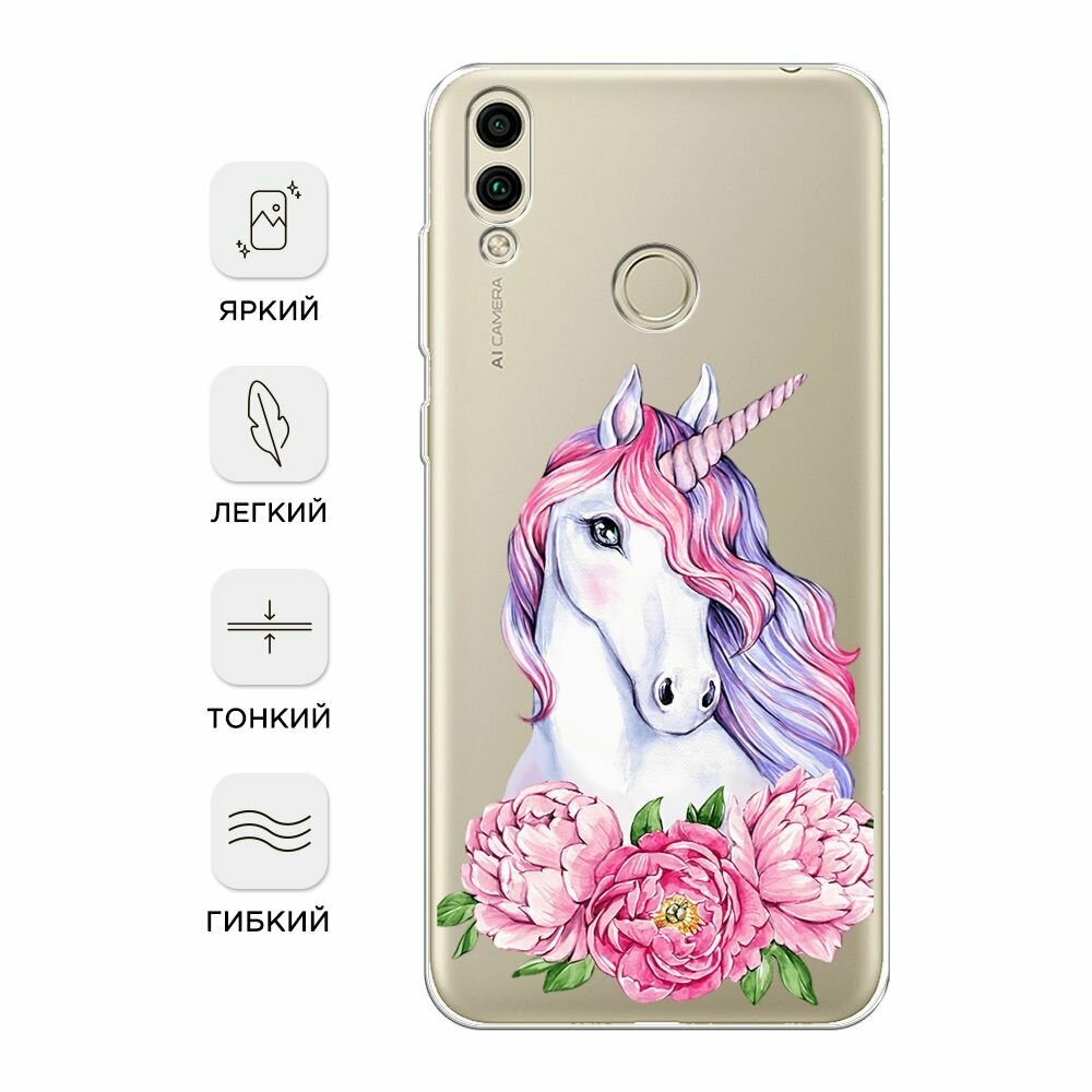 Чехол на Honor 8C / Хонор 8С с принтом "Единорог с пионами", прозрачный — фото 1