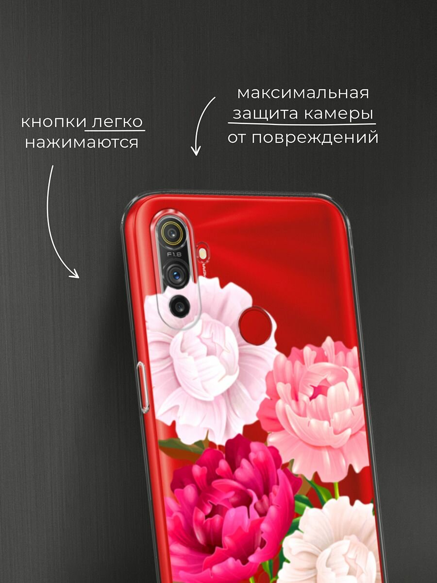 Чехол на Realme C3 / Реалми C3 с принтом "Большие пионы", прозрачный — фото 1