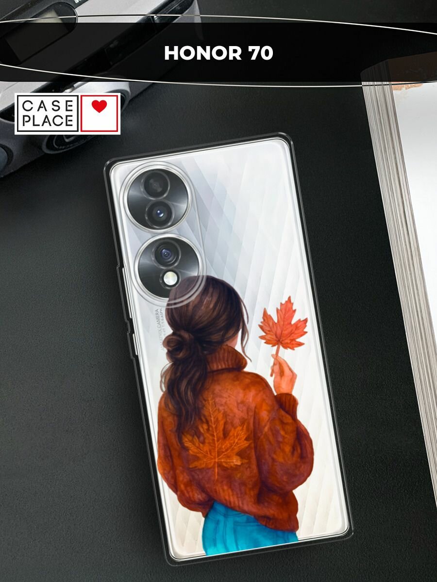 Чехол на Honor 70 / Хонор 70 с принтом "Девушка с опавшим листом", прозрачный