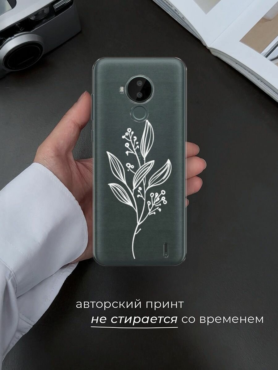 Чехол на Nokia C30 / Нокия C30 с принтом "Ветка с листочками и цветами", прозрачный — фото 1