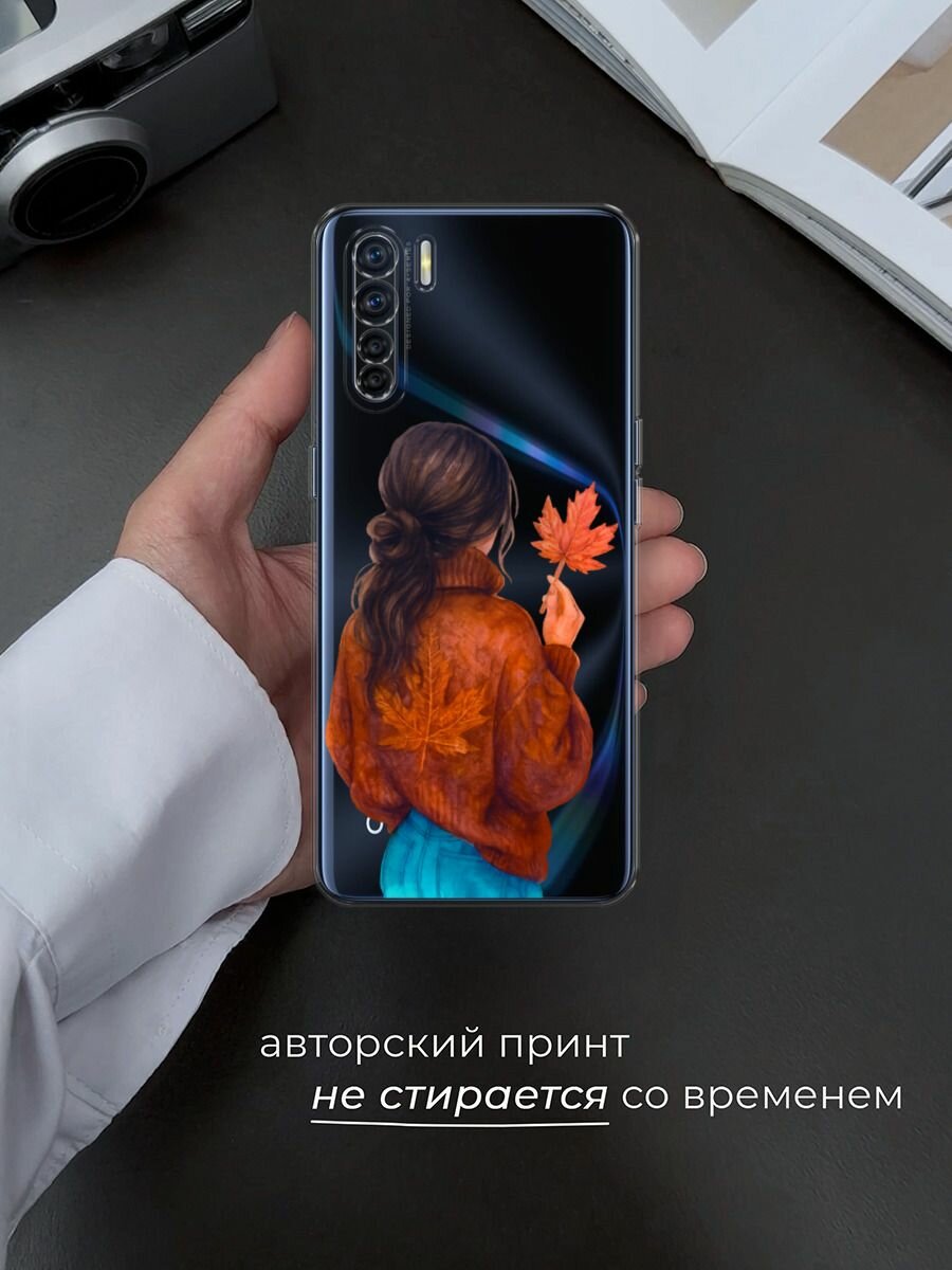 Чехол на Oppo A91/Reno 3 / Оппо A91/Рено 3 с принтом "Девушка с опавшим листом", прозрачный — фото 1