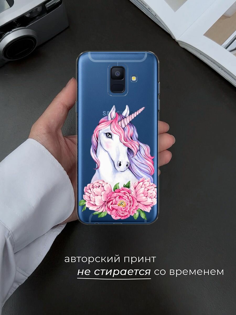 Чехол на Samsung Galaxy A6 / Самсунг Галакси А6 с принтом "Единорог с пионами", прозрачный — фото 1