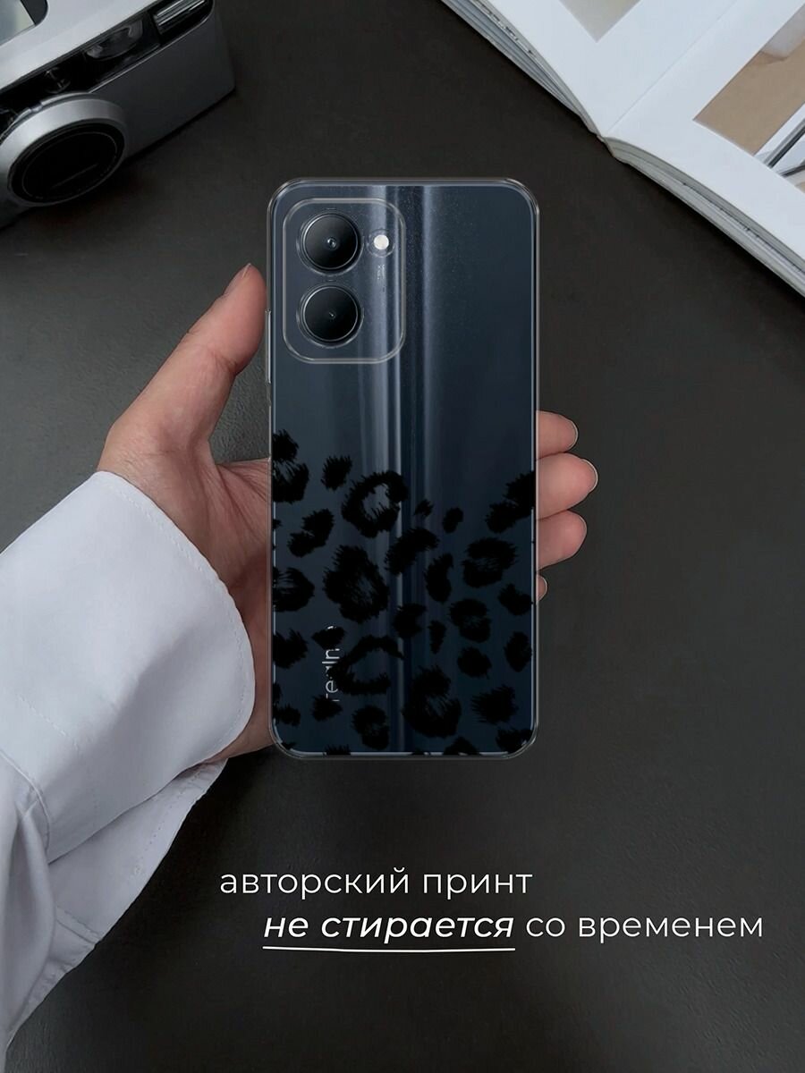 Чехол на Realme C33 / Реалми С33 с принтом "Окрас леопарда фон черный", прозрачный — фото 1