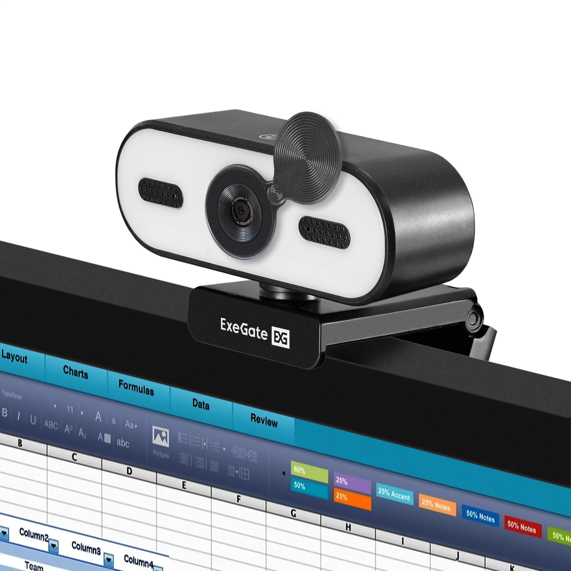 Веб-камера с подсветкой ExeGate eStudio EW-722 2K AF (2560х1440, автоматический фокус, подсветка, защитная шторка, 4-линзовый объектив, стерео микрофон с шумоподавлением, универсальное крепление, отверстие под штатив, USB, кабель 1,5 м, RTL) EX299465RUS