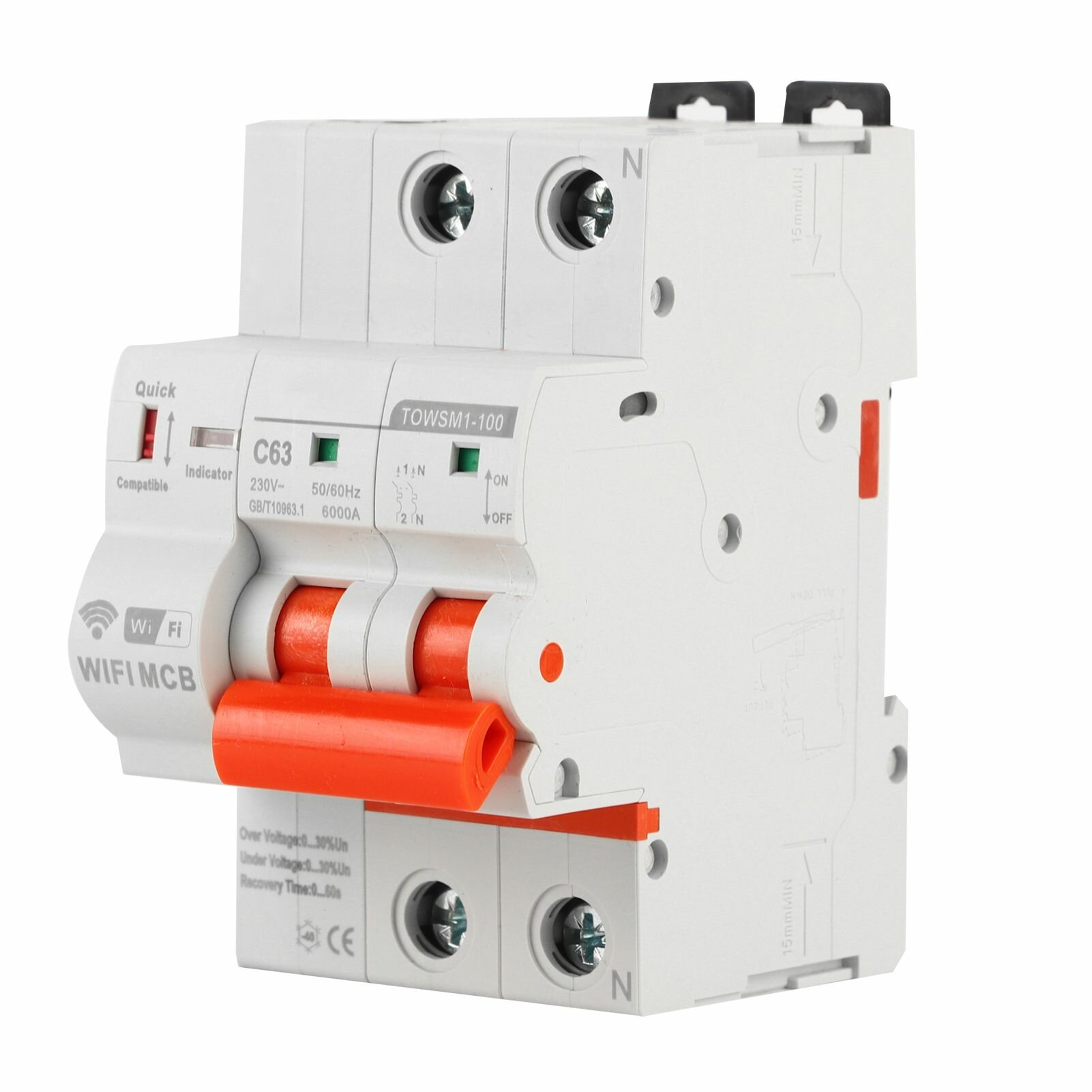 Интеллектуальный автоматический выключатель Wi-Fi, 2P, крепление на DIN-рейку, 230 В переменного тока, для бытовой фабрики TOWSM1 100