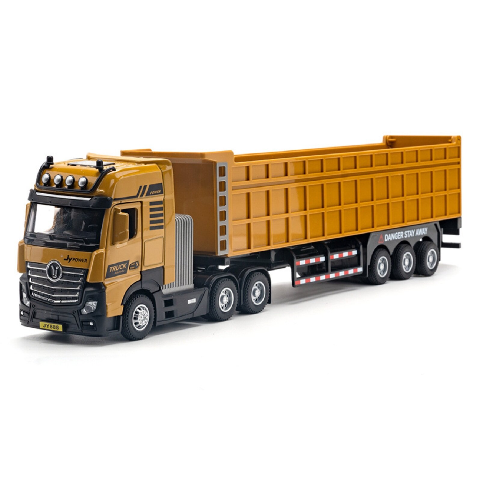 Модель строительной техники с открытыми дверьми, акуптическими и световыми эффектами, тягач-дампер с откатным механизмом, масштаб 1:50, сплавленный прицеп, артикул VB50173, габариты товара 35см * 6см * 8.2см, габариты упаковки 41.5см * 10м * 14.5см