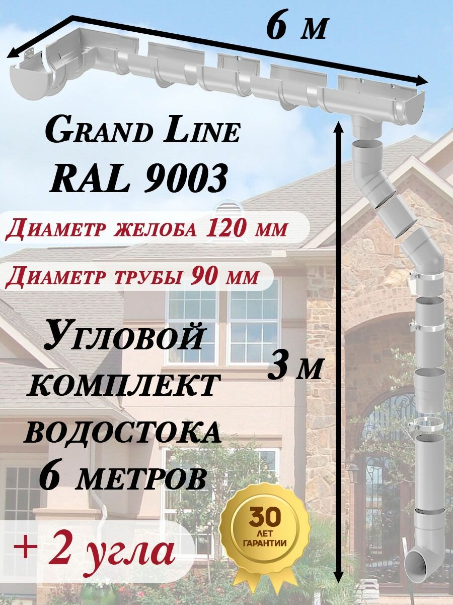 Угловой/прямой комплект водосточной системы Grand Line на 6 м карниза (120мм/90мм) белый для вальмовой кровли с двумя универсальными углами, водосток Гранд Лайн (RAL 9003 белый) ПВХ