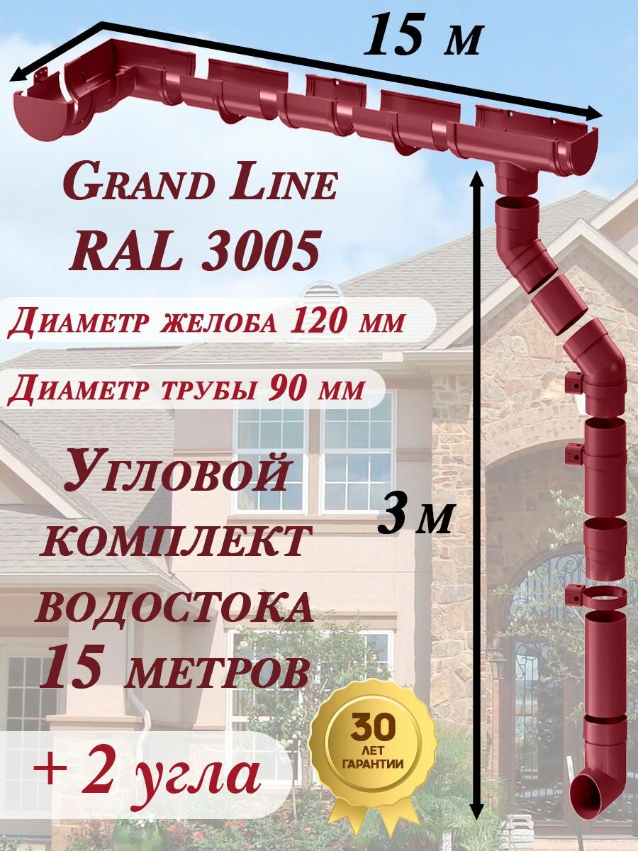 Комплект водосточной системы Grand Line на 15 м карниза угловой (120мм/90мм) красный для вальмовой кровли с двумя универсальными углами, водосток Гранд Лайн (RAL 3005 вишневый) ПВХ