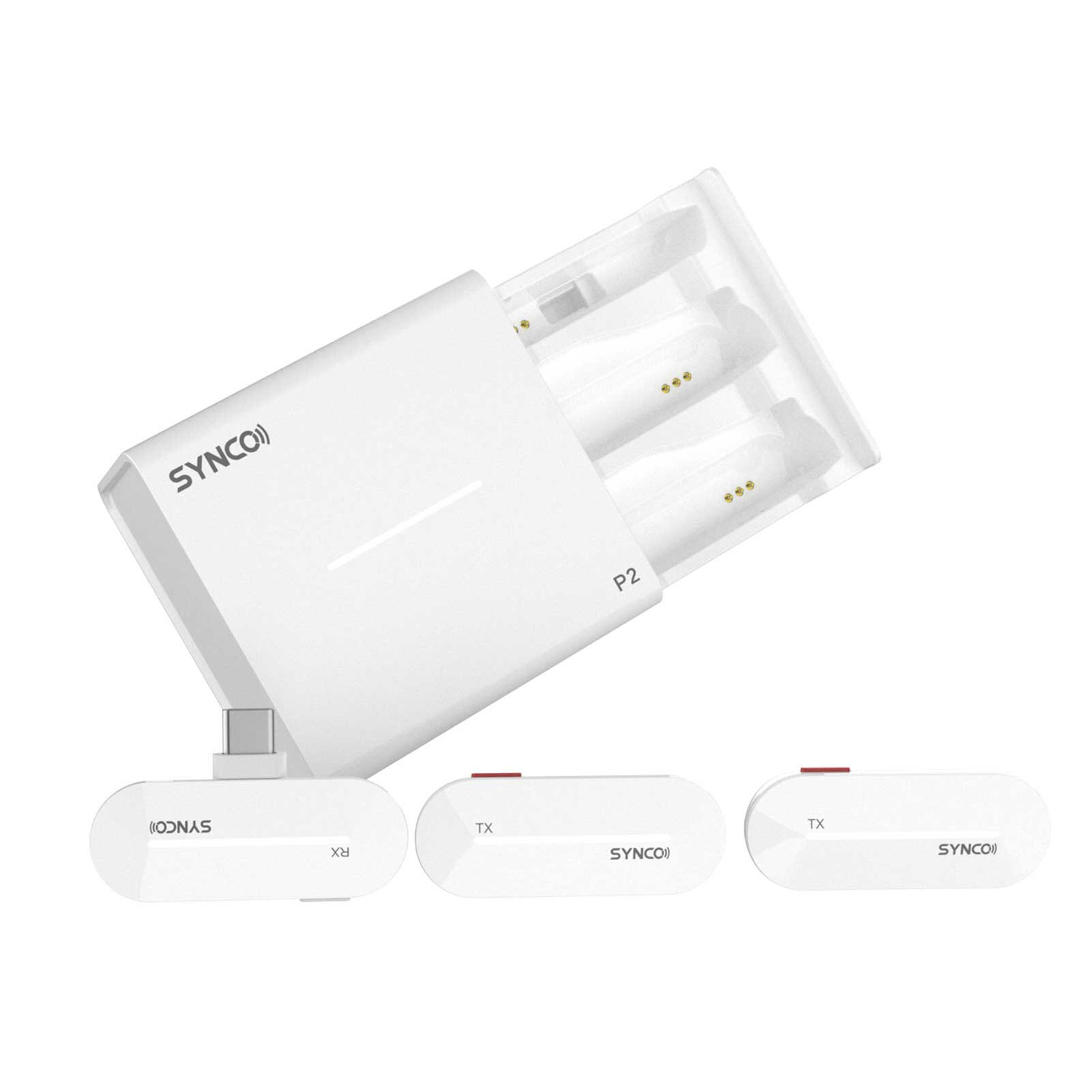 SYNCO P2T 1-Trigger-2 2.4G беспроводная микрофонная система с 2 передатчиками + 1 Type-C приемником + 1 беспроводным зарядным футляром, дальность передачи 150M, встроенная батарея для мобильного влога и прямой трансляции, цвет Pearl White/Stone Blue
