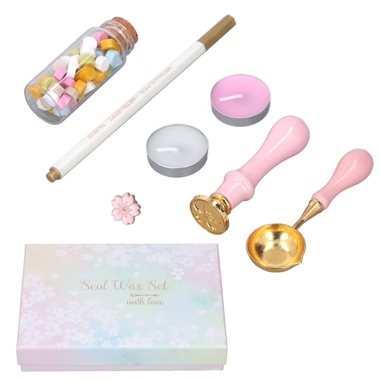 Набор штампов для запечатывания с прозрачным узором, макаронами, цветной деревянной ручкой, ретро-штамп для запечатывания воска с брошью в виде сакуры для подарков