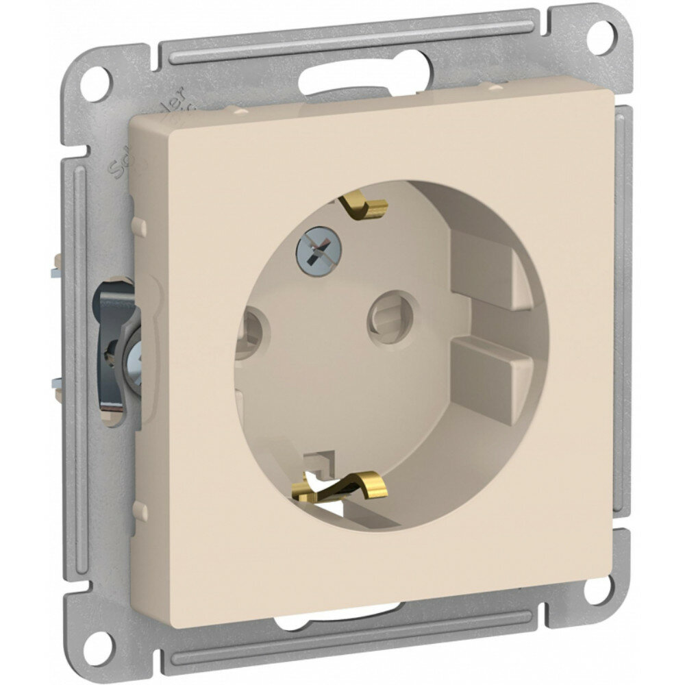 Розетка 1 пост SCHNEIDER ELECTRIC Atlas Design ATN000245, с заземлением, со шторками, бежевая