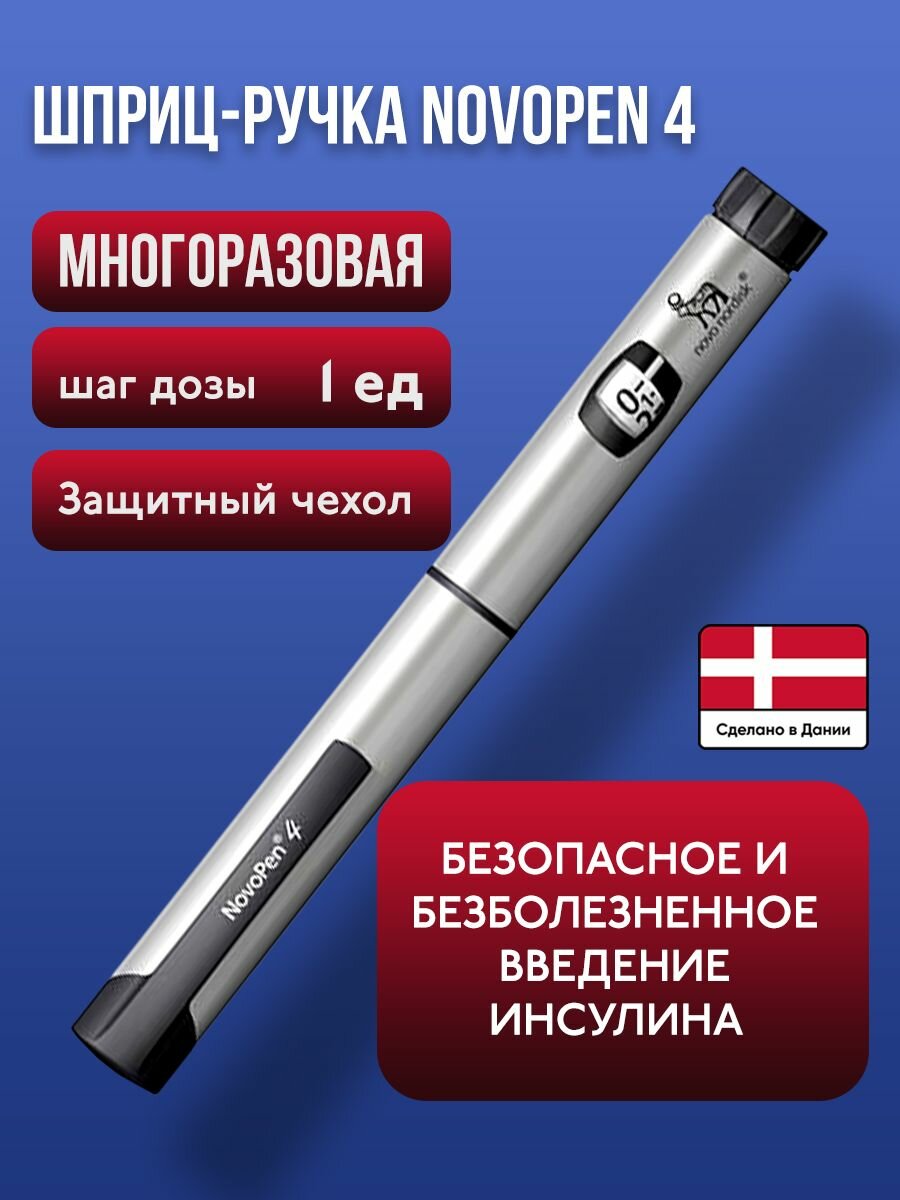 Шприц-ручка для инсулина многоразовая НовоПен 4, инъектор для уколов медицинский, 3 мл, шаг 1 ед