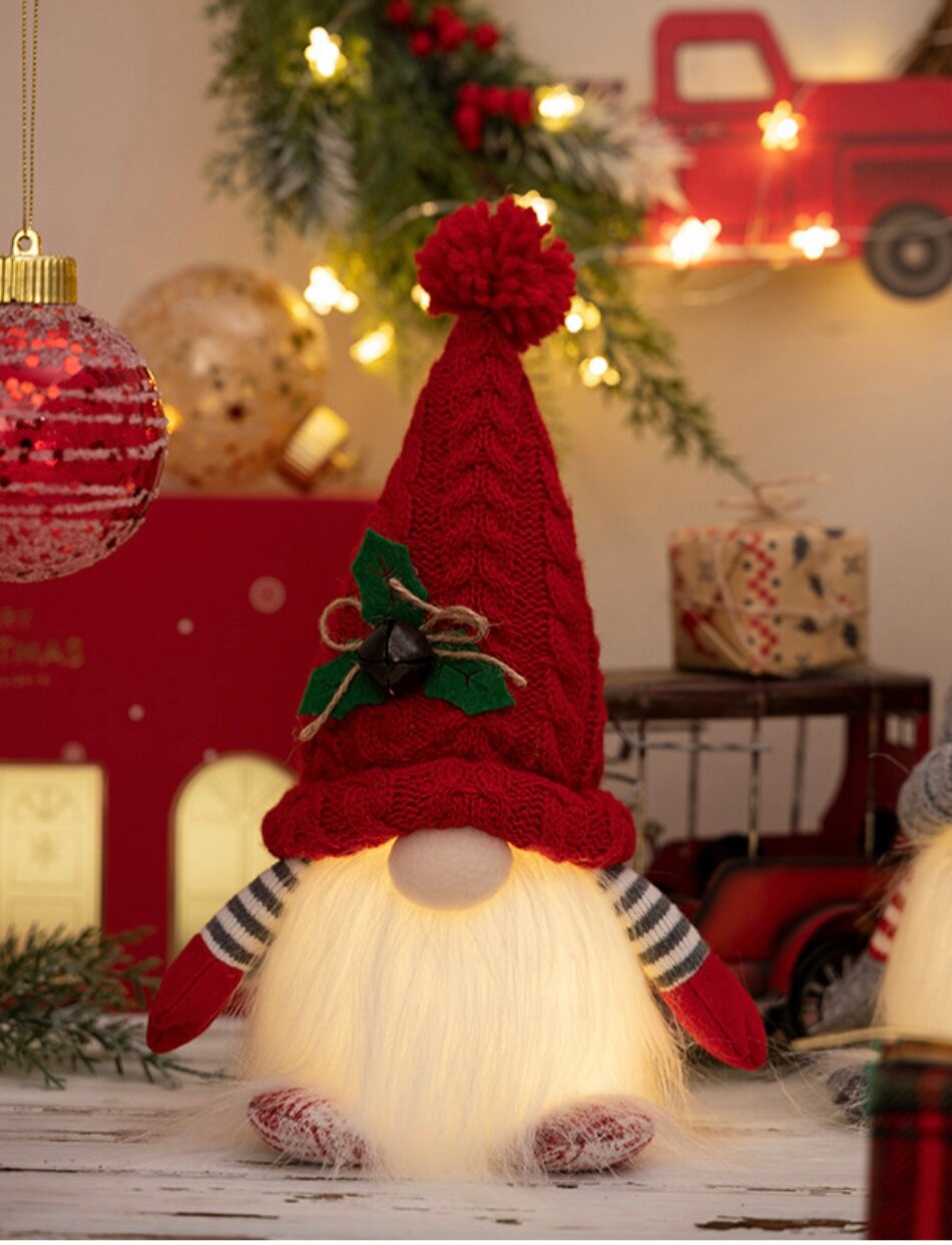 Новогодняя игрушка, ночник "Гном" с подсветкой, искусственный мех/пластик/синтепон/текстиль, красный