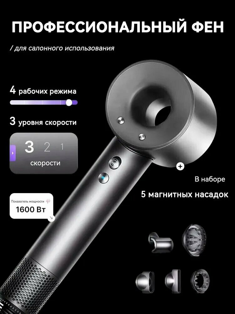 Фен для волос Высокоскоростной турбо 1600W/105000 об/мин, Бесщеточный мотор, Магнитные насадки 360. Prossisan HD-10