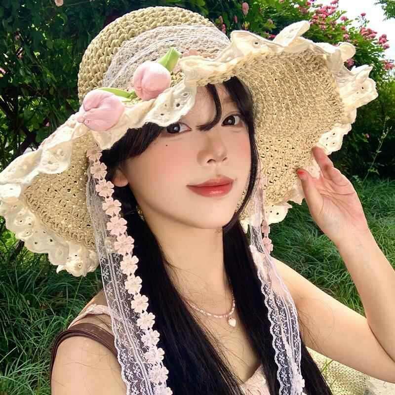 Соломенная шляпа с кружевной лентой-тюльпаном, женская летняя солнцезащитная шляпа с большими полями, приморская пляжная шляпа от солнца для отдыха