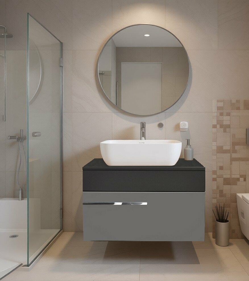 Мебель для ванной Вудлайн 65, темно-серый/серый, раковина Квадра, зеркало Руан D65