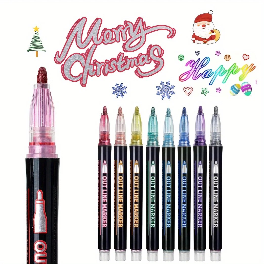 8 цветов, маркеры с двойной линией, контурные маркеры, для DIY, граффити, плакатов, праздничного декора