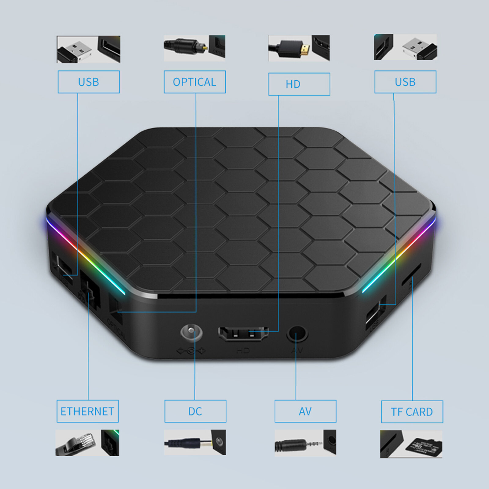 T95Z Plus Android 12.0 Smart TV Box Allwinner H618 Quad-core 4K Media Player 6K Decoding H.265 VP9 Dual Band WiFi6 BT5.0 Digital Display Remote Control Black 2GB+16GB 4GB+32GB 4GB+64GB USB 2.0 TF Card Slot RJ45 Power Input HD 2.0 AV OPTICAL