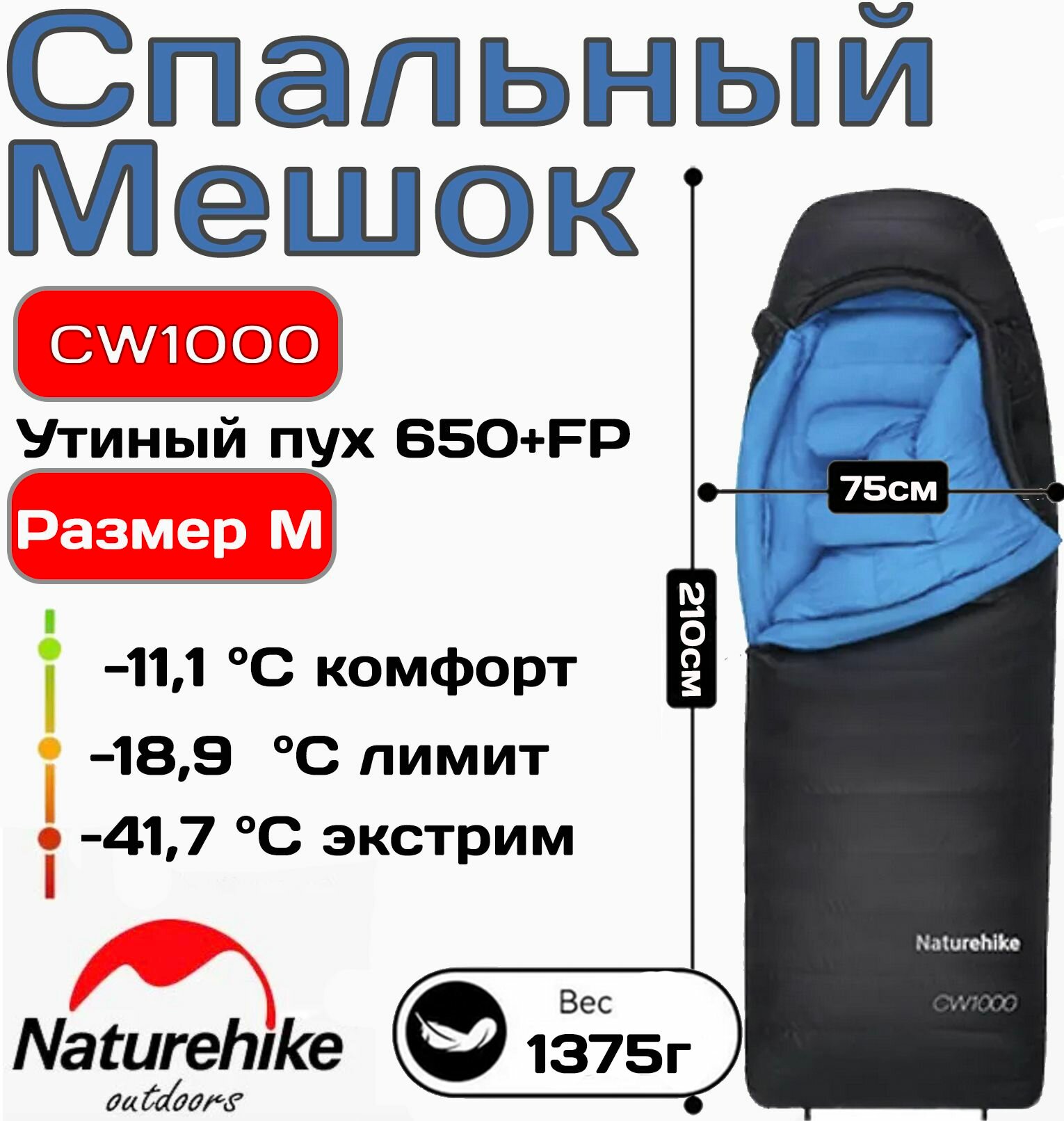 Спальный мешок Naturehike CW1000 "M" Черный (NH22YD002) утиный пух