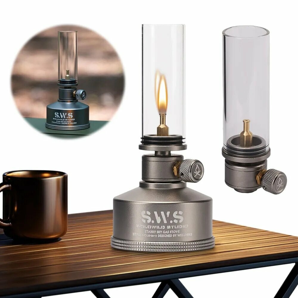 Газовая лампа для кемпинга WELLHIKE с регулируемым клапаном, алюминиевый корпус и бронзовый сопло, защитное стекло