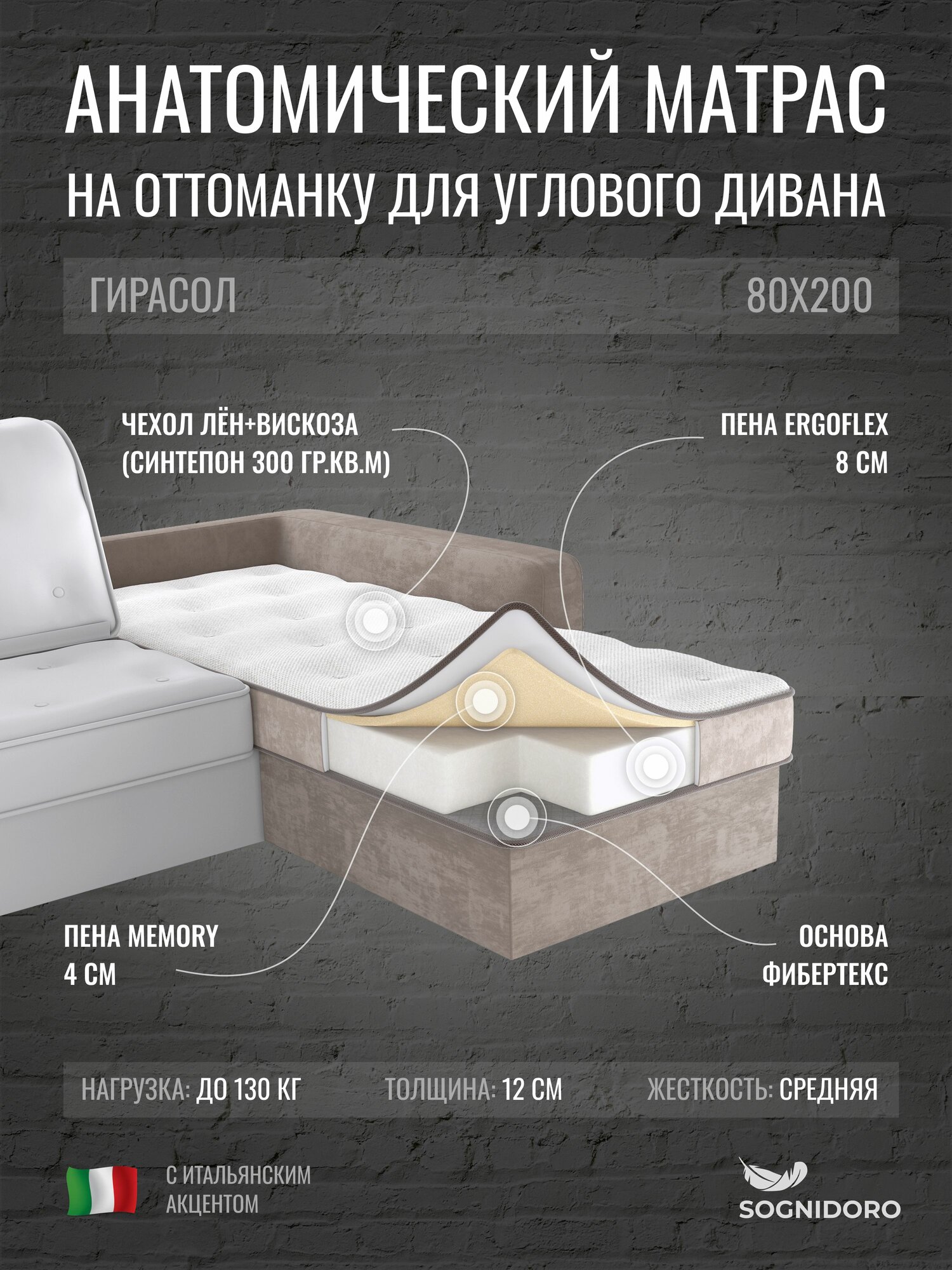 Матрас на оттоманку углового дивана 80х200х12, анатомический гирасол, беспружинный