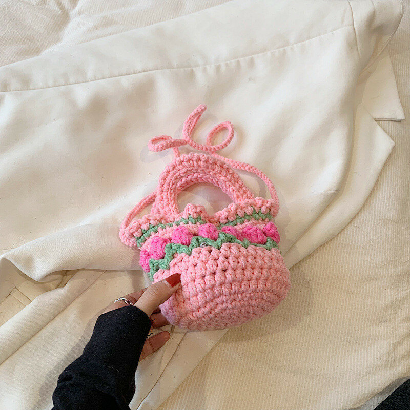 Детская вязаная сумка tote с цветочным дизайном, розовый