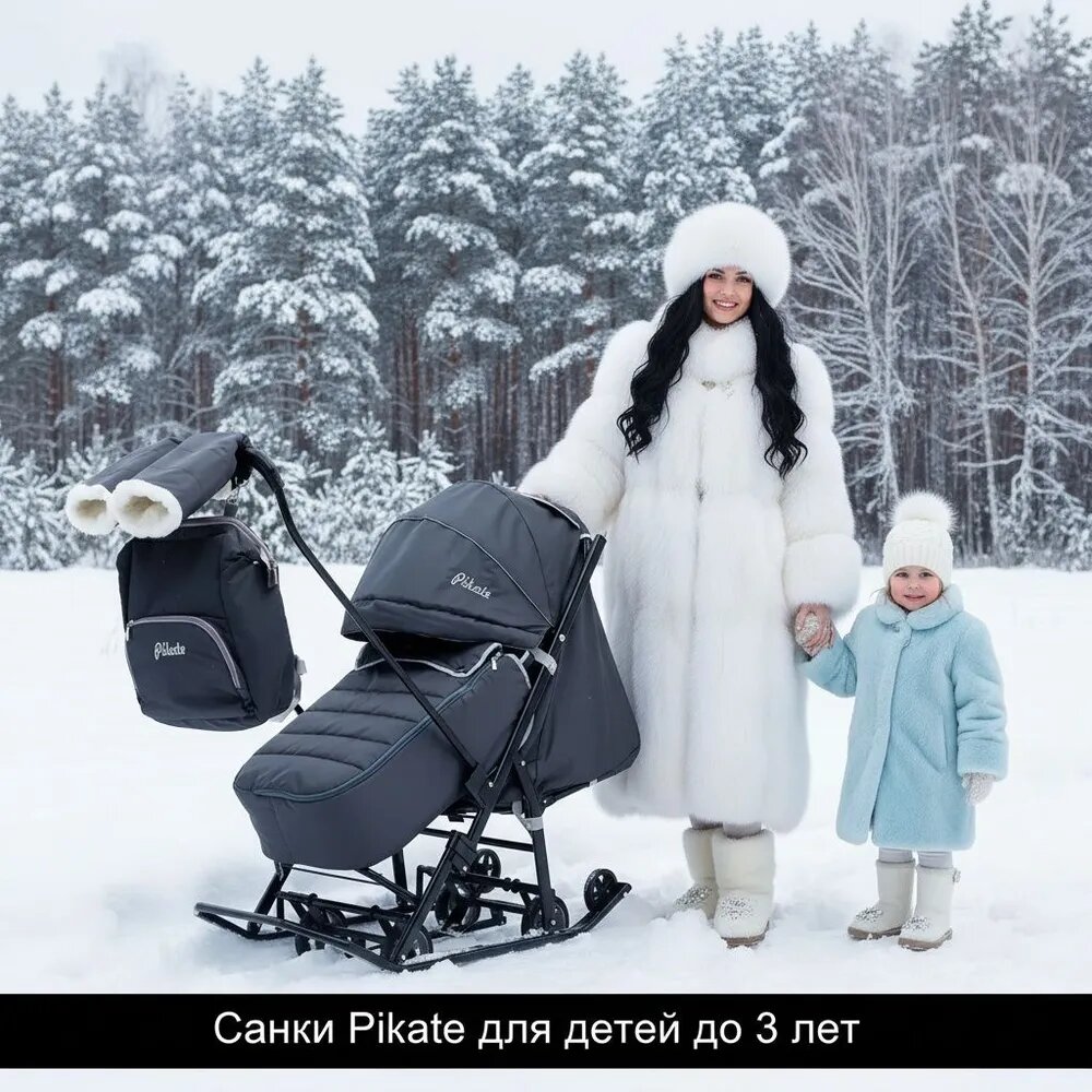 Санки коляска детские зимняя Pikate "Grey ONYX" с бампером.