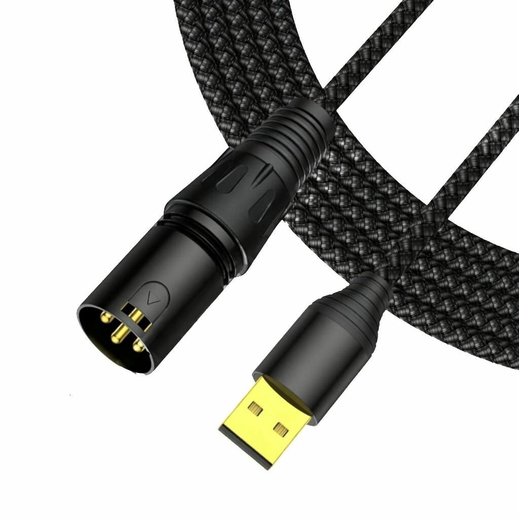 Позолоченный USB-XLR кабель 1.5 м с полиамидной оплеткой для студийной записи, 3m - Штекер XLR